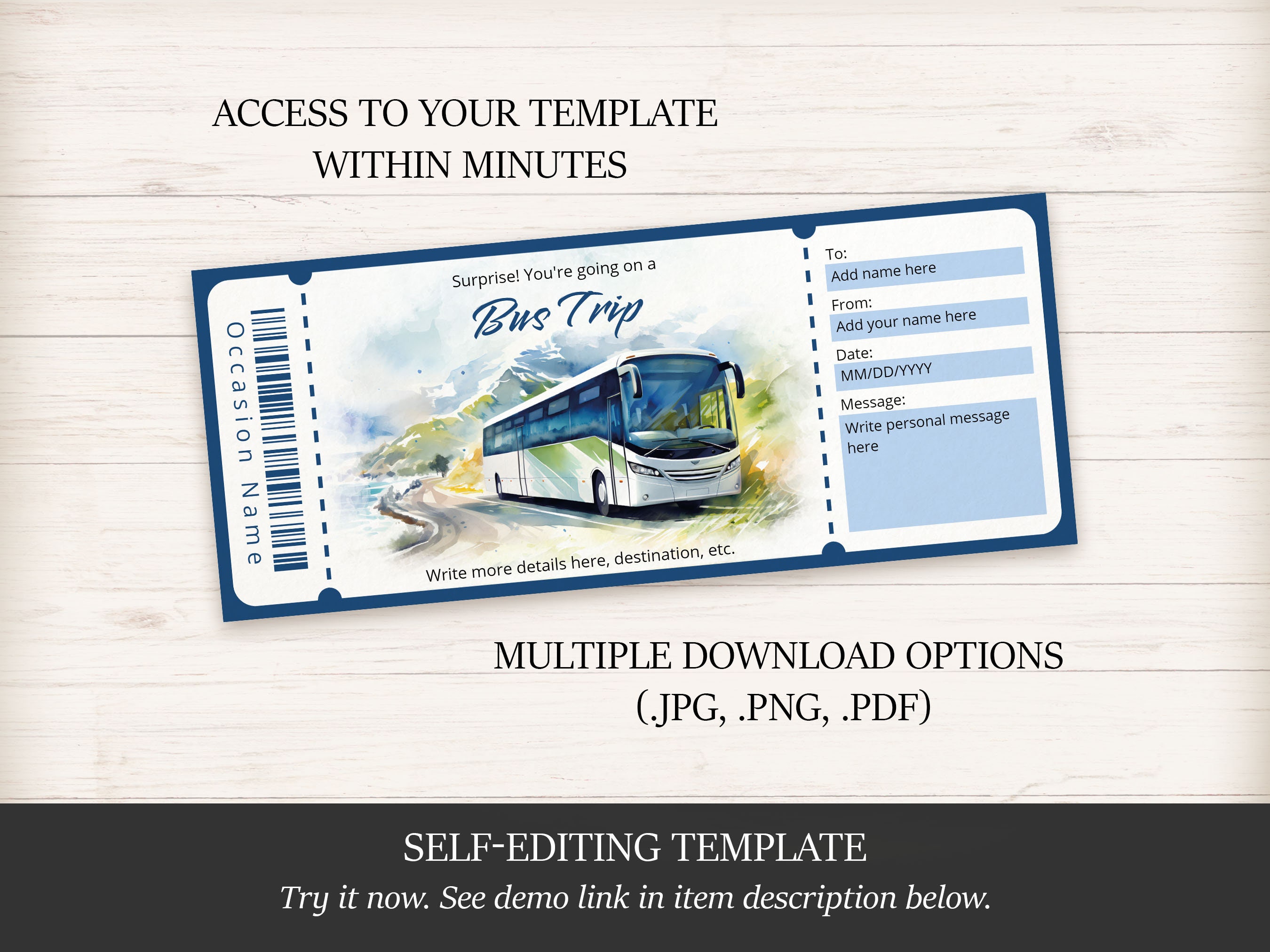 Editable Watercolor Bus Ticket Template, Coach Ticket Surprise Gift ...