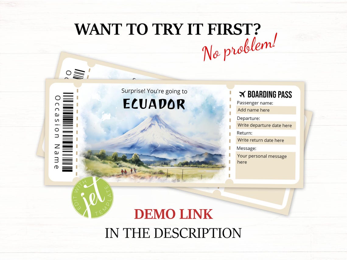 Editable Ecuador Boarding Pass Template, Surprise Trip to ECUADOR ...