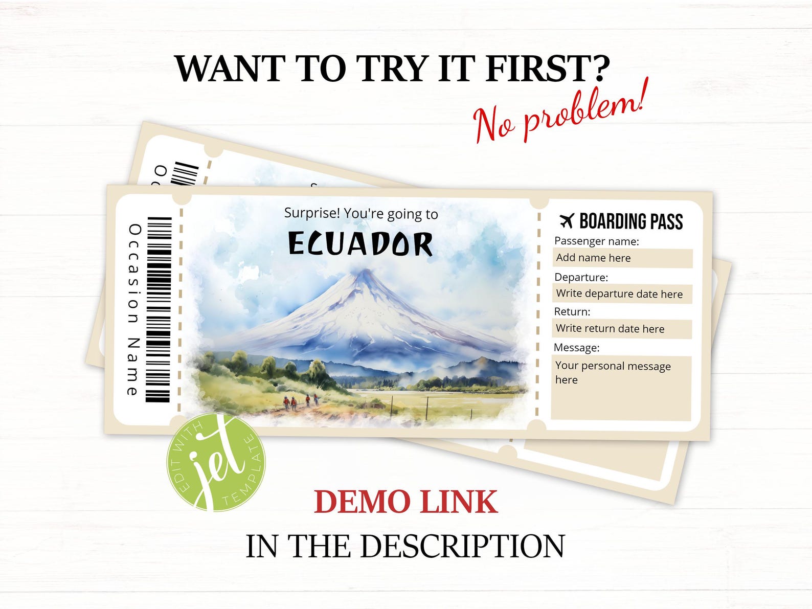 Editable Ecuador Boarding Pass Template, Surprise Trip to ECUADOR ...