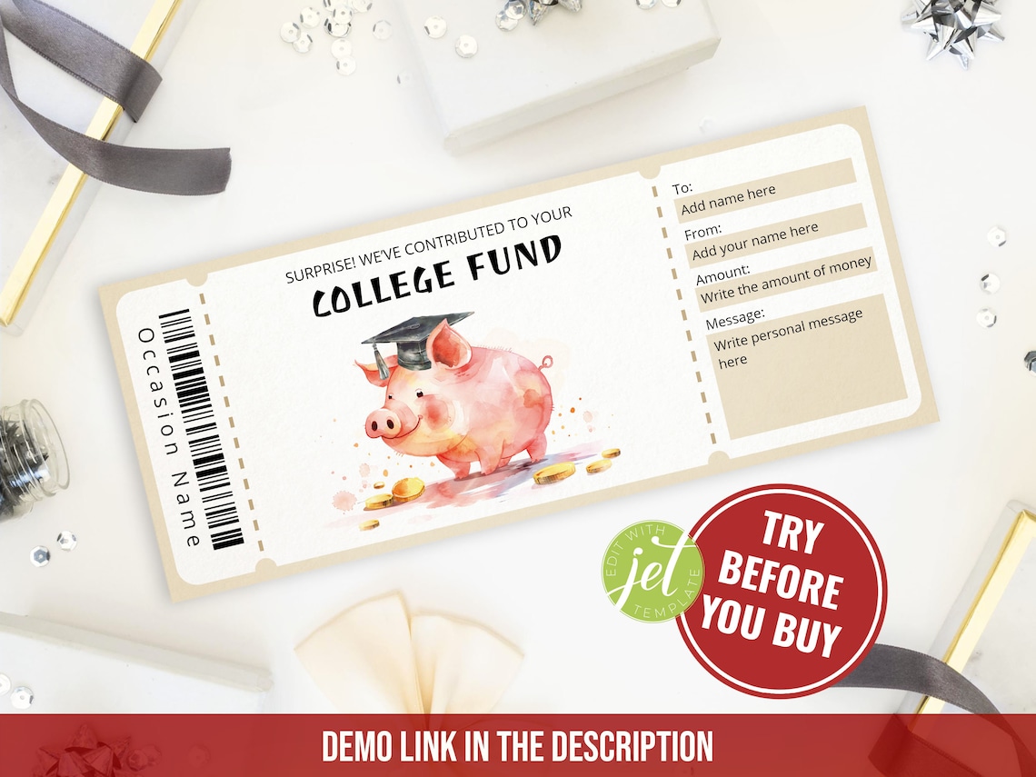 Editable College Fund Gift Certificate Template DIY Printable ...