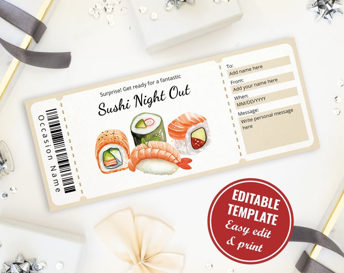 GIFT Certificate, Sushi Restaurant Printable Gift Certificate for Him ...