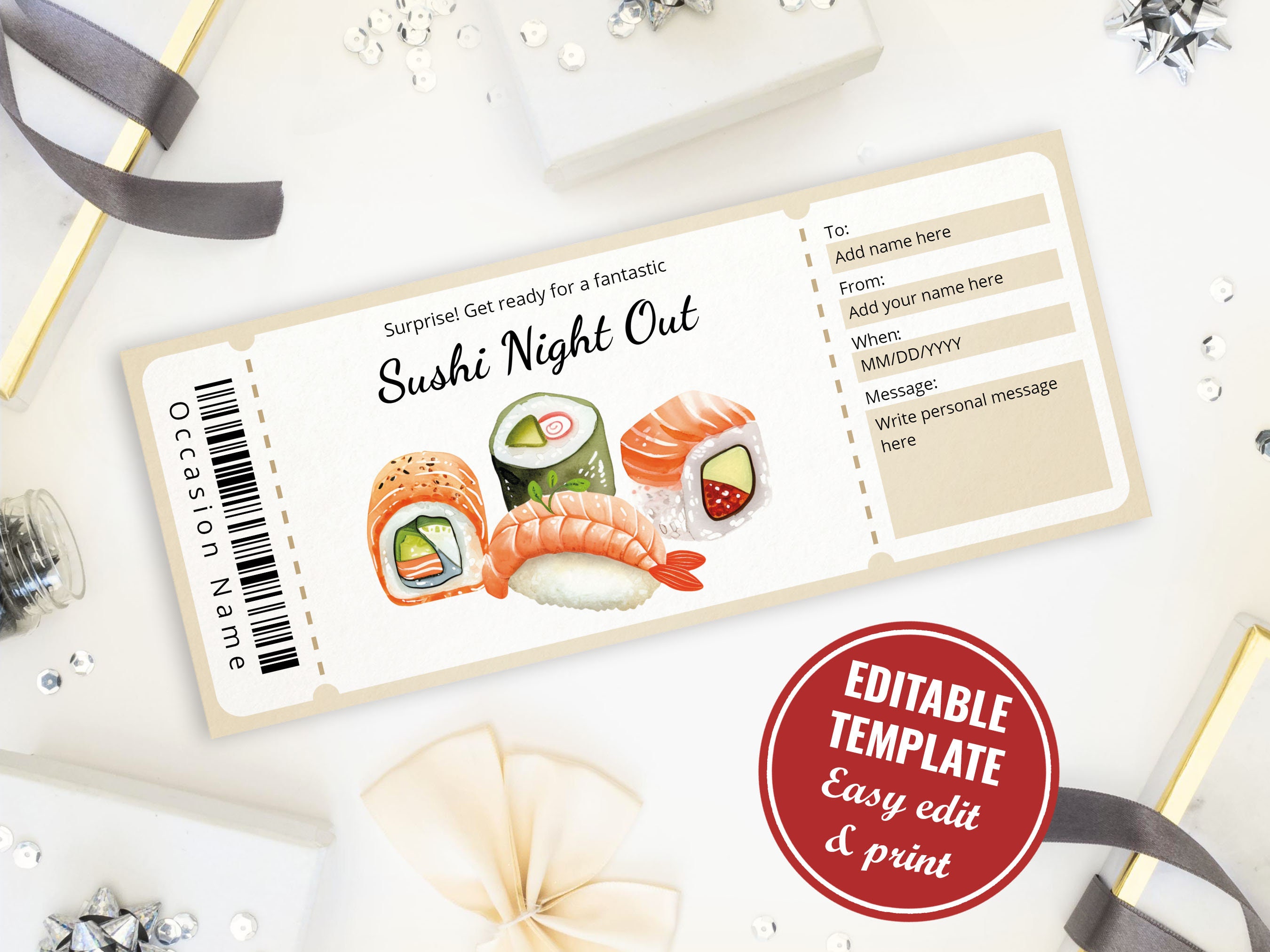 Editable Sushi Night Out Gift Certificate Template for Sushi Lover ...