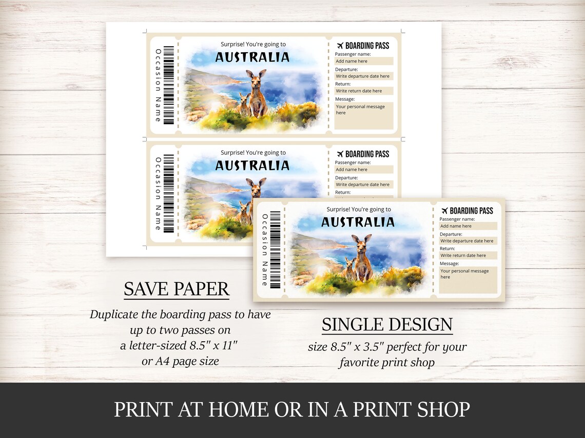 Editable Australia Boarding Pass Template, Personalized Gift Printable ...