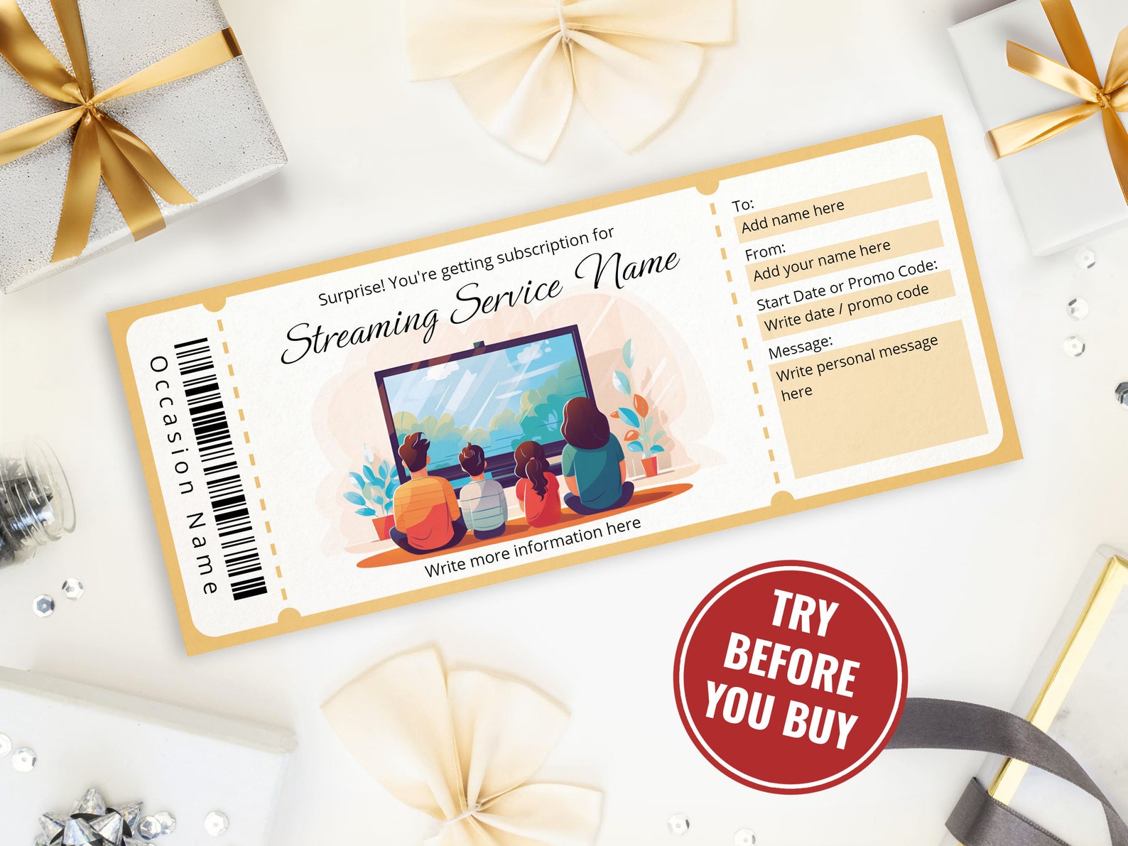 Editable Movie Streaming Subscription Gift Card Template, Surprise ...