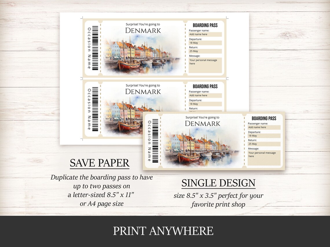 Editable Denmark Boarding Pass Template, Printable Personalized Gift ...
