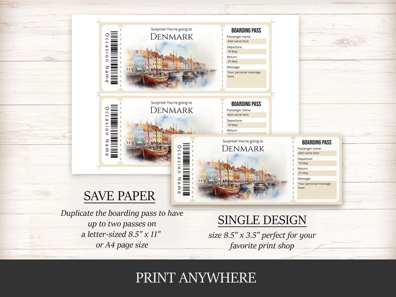 Editable Denmark Boarding Pass Template, Printable Personalized Gift ...