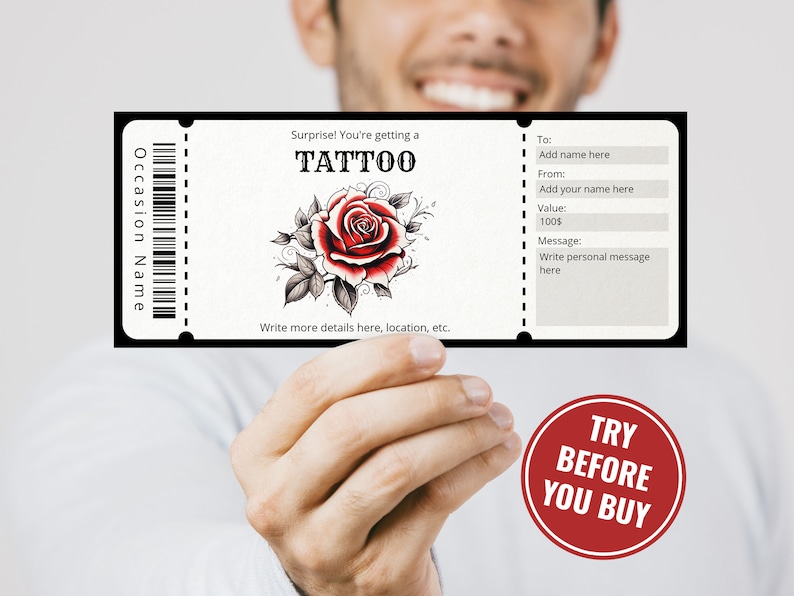 Surprise Tattoo Ticket Template, Customizable and Printable Tattoo ...