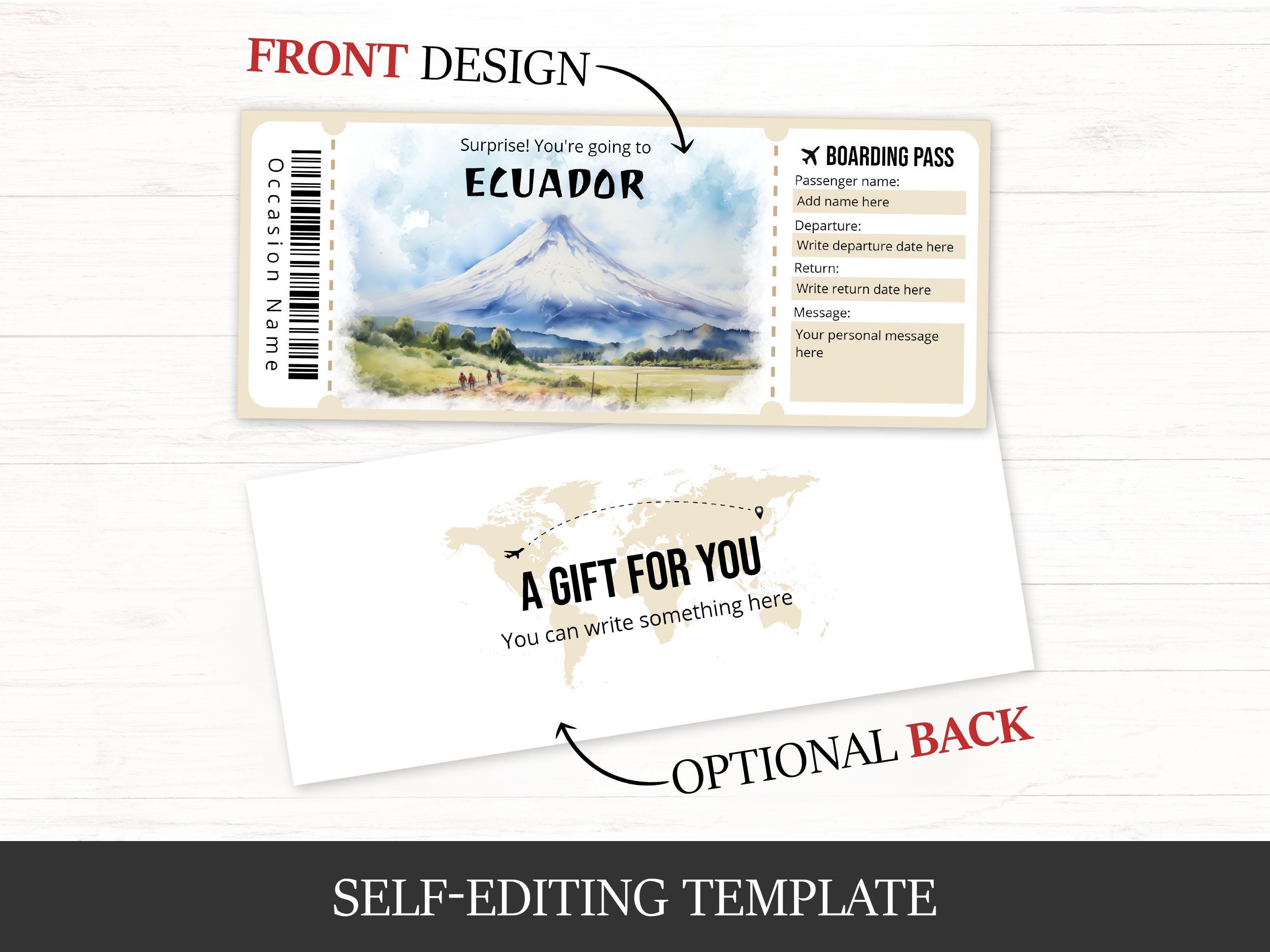 Editable Ecuador Boarding Pass Template, Surprise Trip to ECUADOR ...