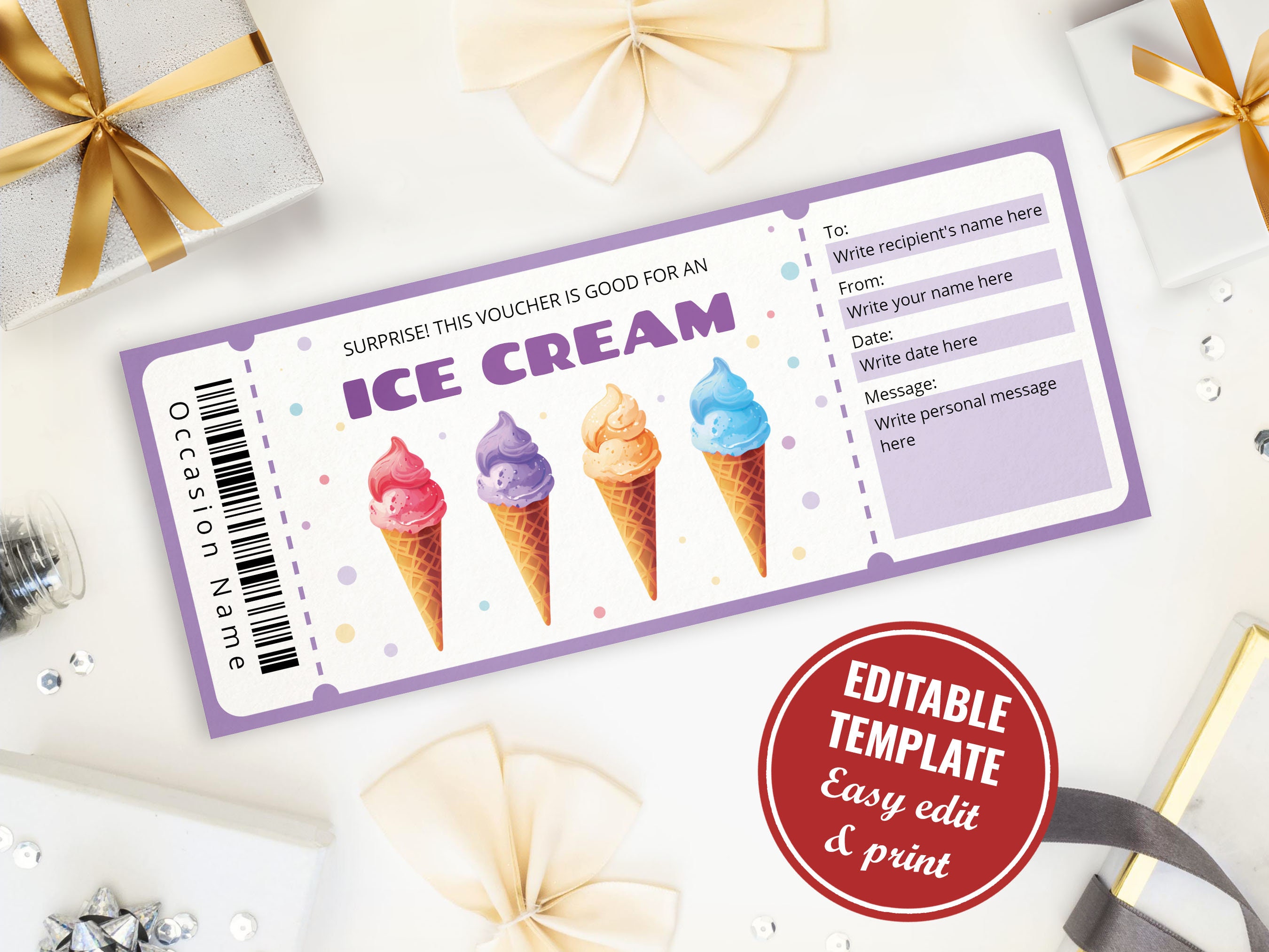 Editable Ice Cream Gift Certificate Template, Printable Sundae Lover ...