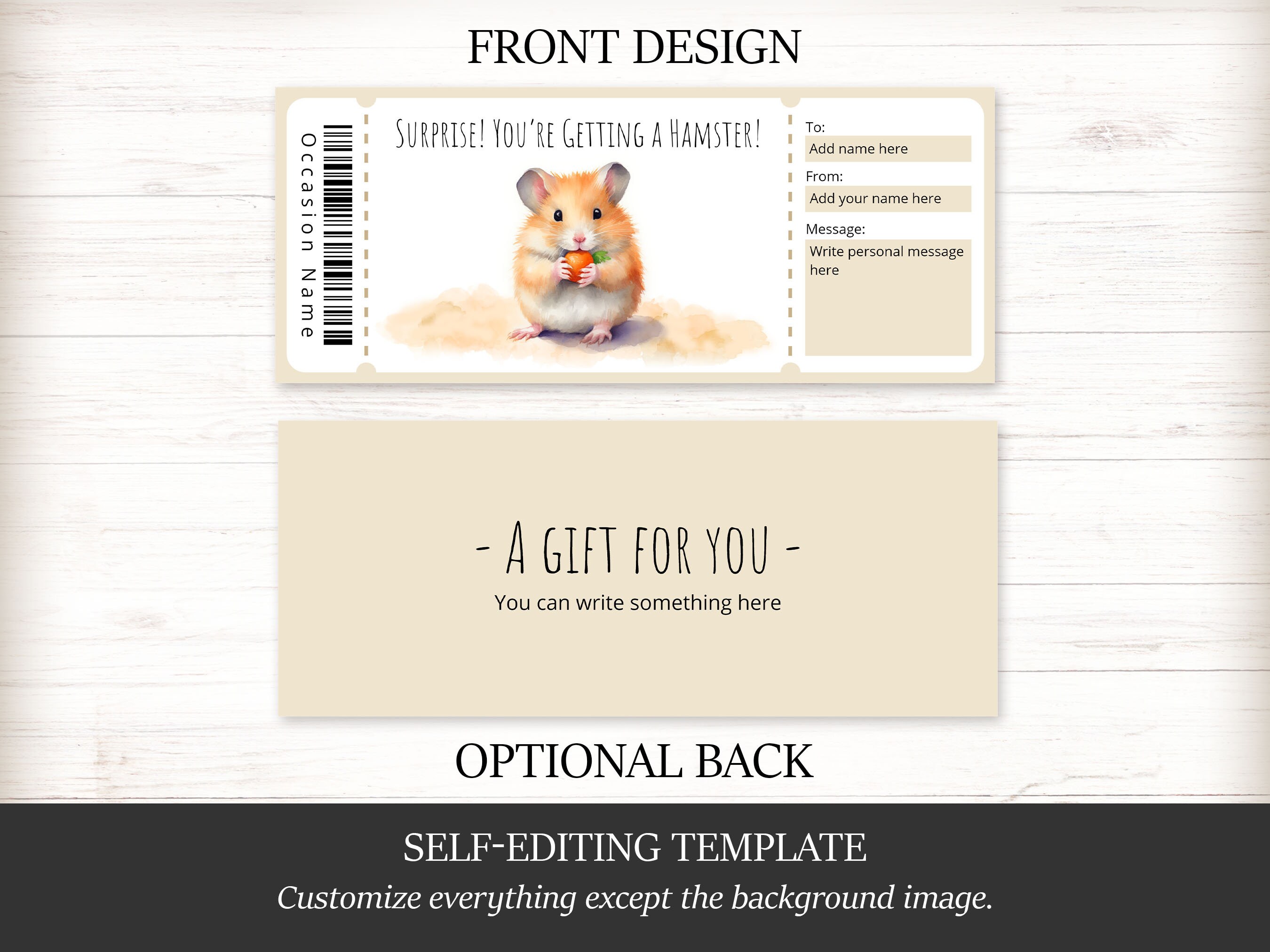 Editable Hamster Gift Certificate Template, Personalized Printable ...