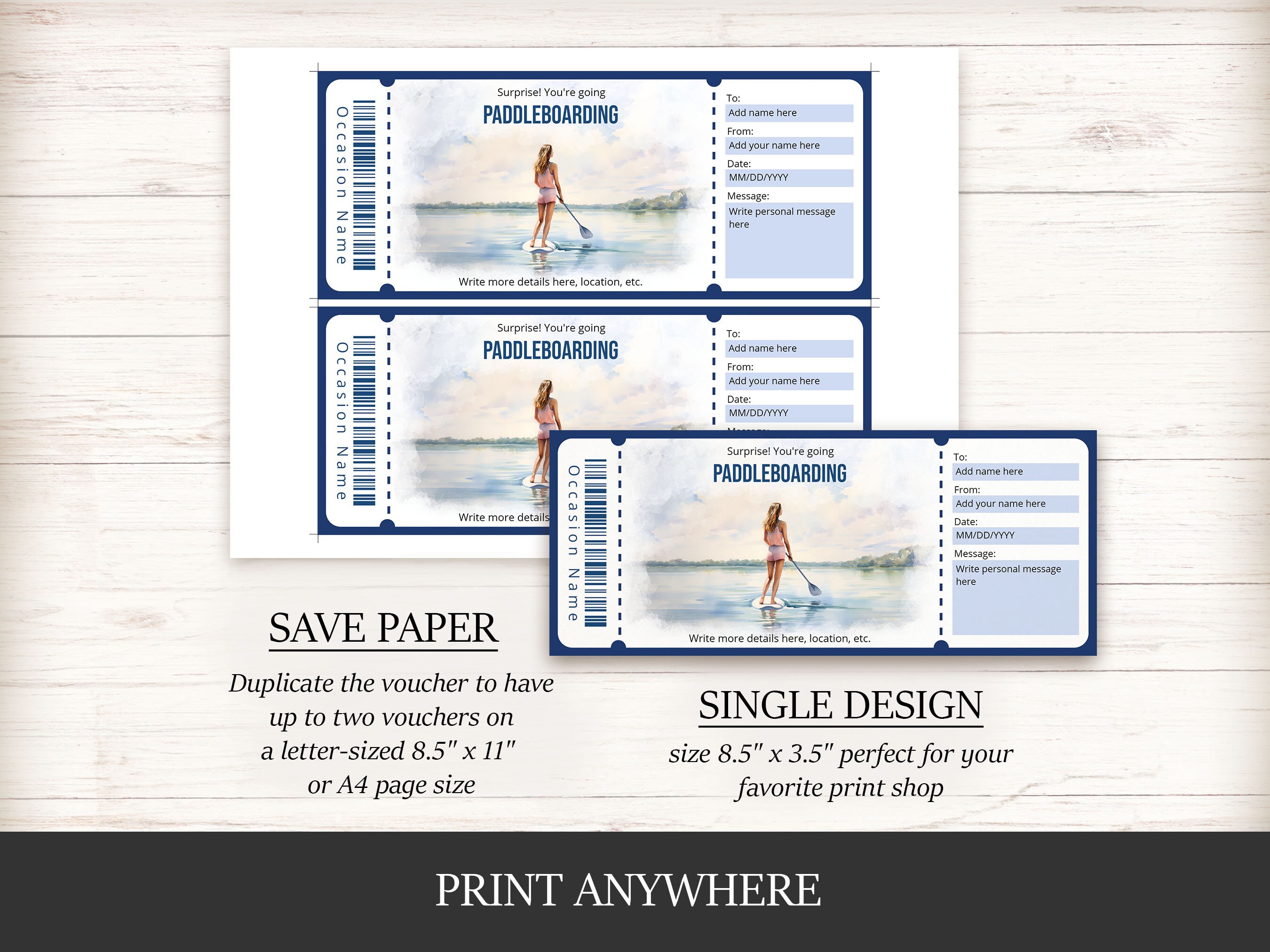 Paddleboarding Ticket Voucher Template for Her, Editable Watercolor ...