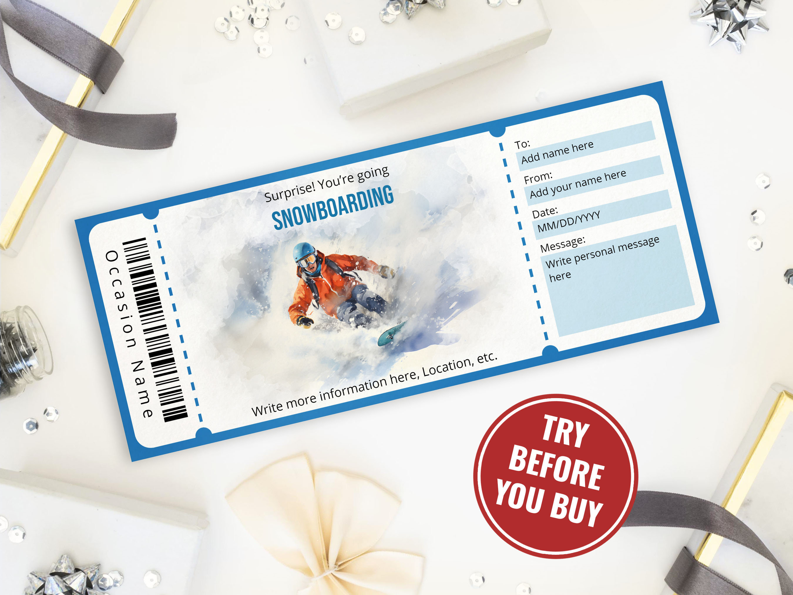 Snowboarding Ticket Voucher Template for Winter Sports Lover, Editable ...
