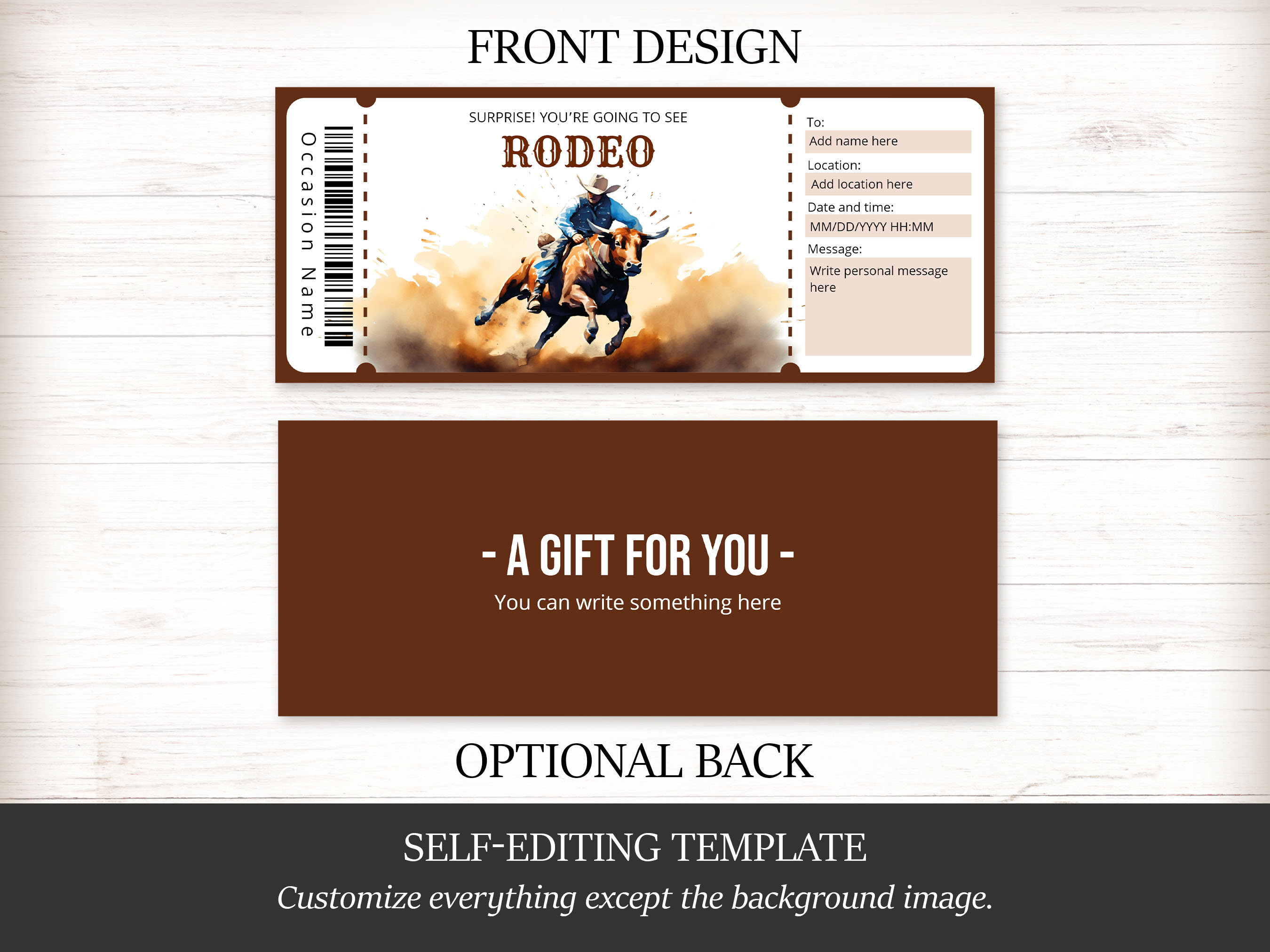 Surprise Bull Rodeo Ticket Template, Customizable and Printable Bull ...