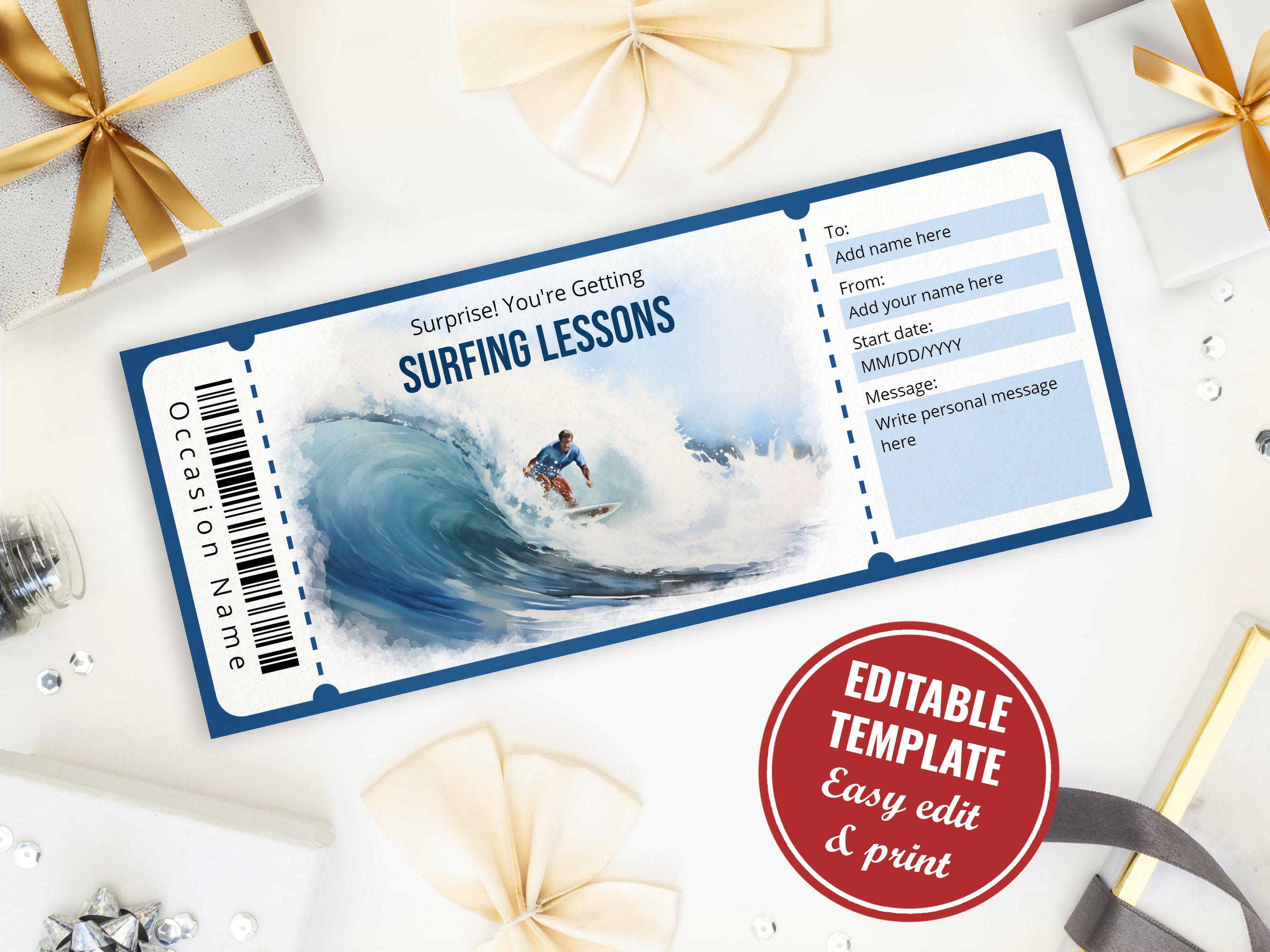 Editable Surfing Gift Certificate Template for Surf Lover, Printable ...