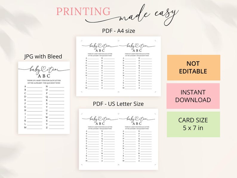 Printable Baby Item ABC Baby Shower Game, Minimalist Alphabet Race Game ...