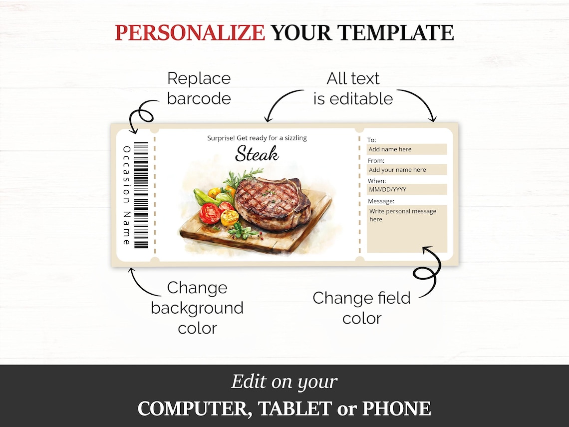 Editable Steak Night Out Gift Certificate Template, Printable Steak ...