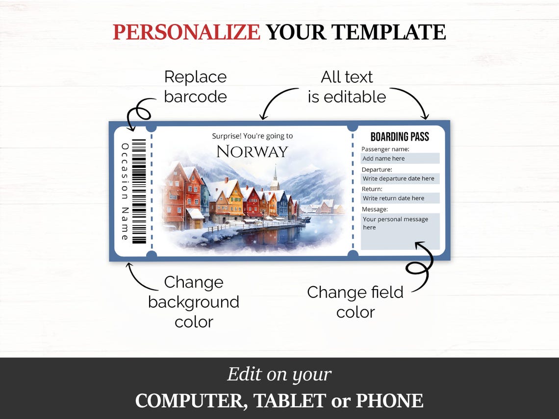 Editable Norway Boarding Ticket Template, Watercolor Surprise Norway ...