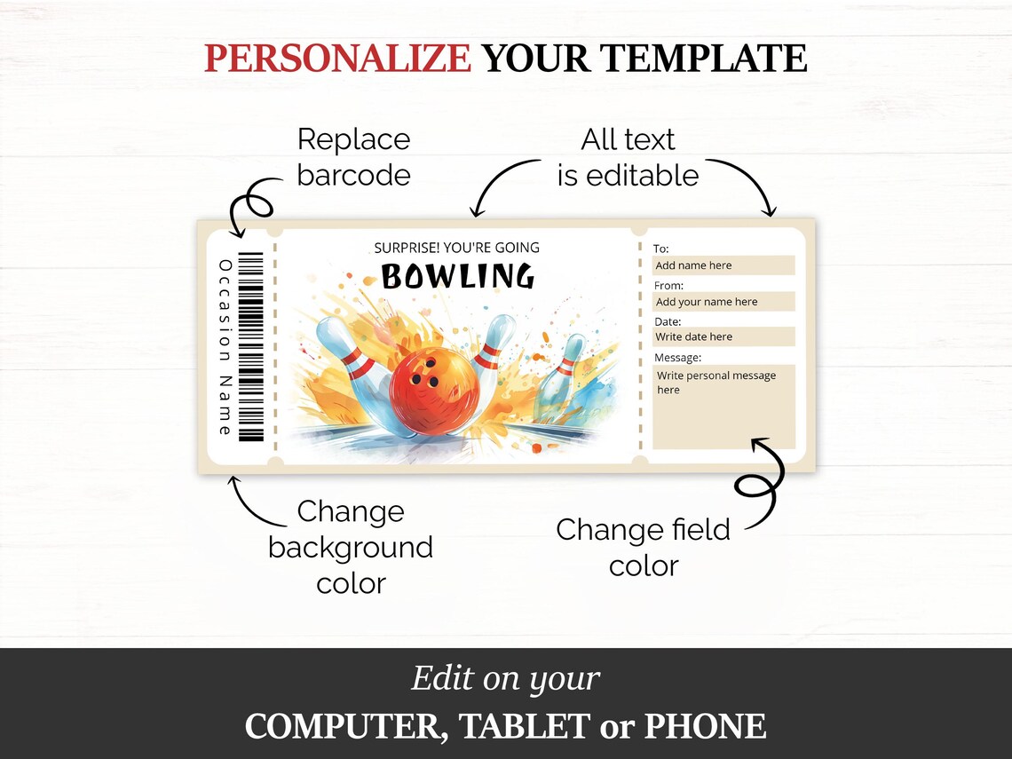 Editable Bowling Gift Certificate Template for Bowling Lover, Printable ...