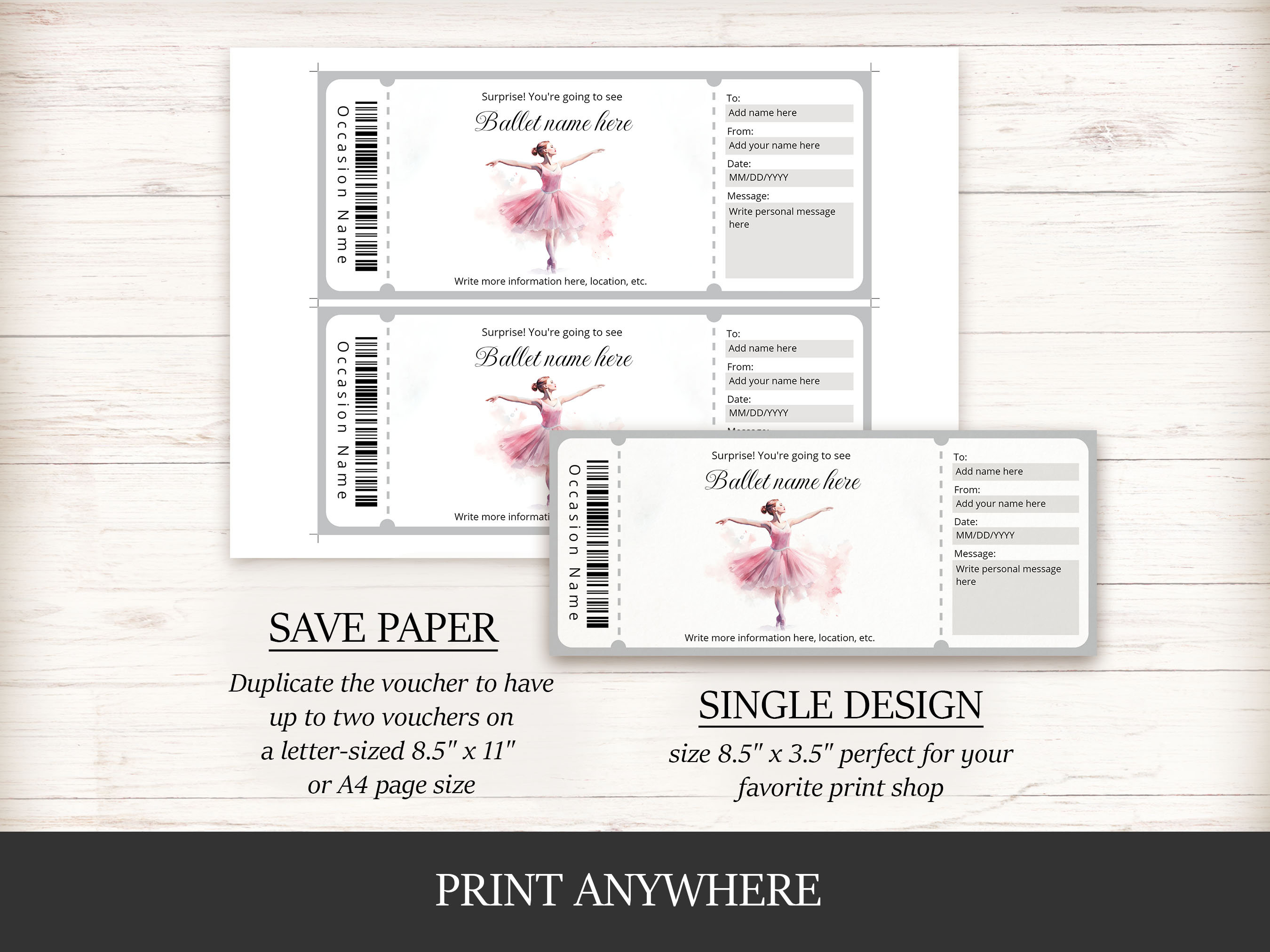 Editable Digital Ballet Ticket Gift Template for Ballet Lovers ...