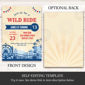 Amusement Park Birthday Party Invitation Template, Editable Birthday ...