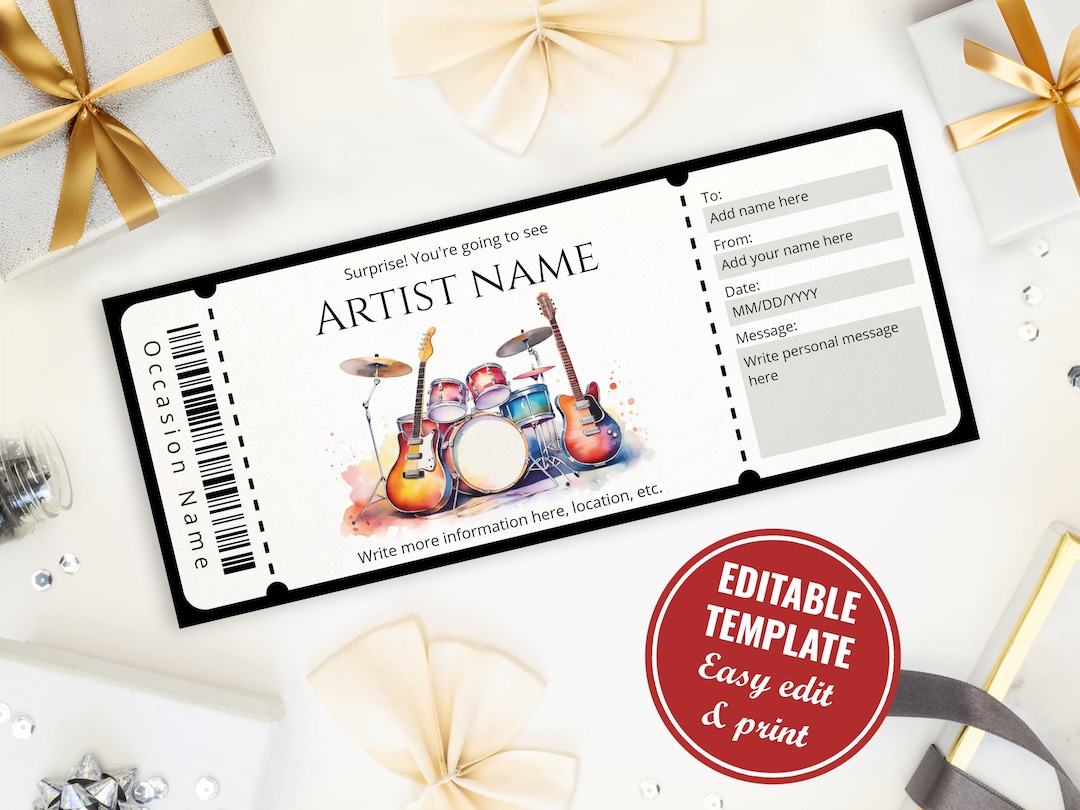 Editable Concert Ticket Template, Printable Custom Concert Ticket Gift ...