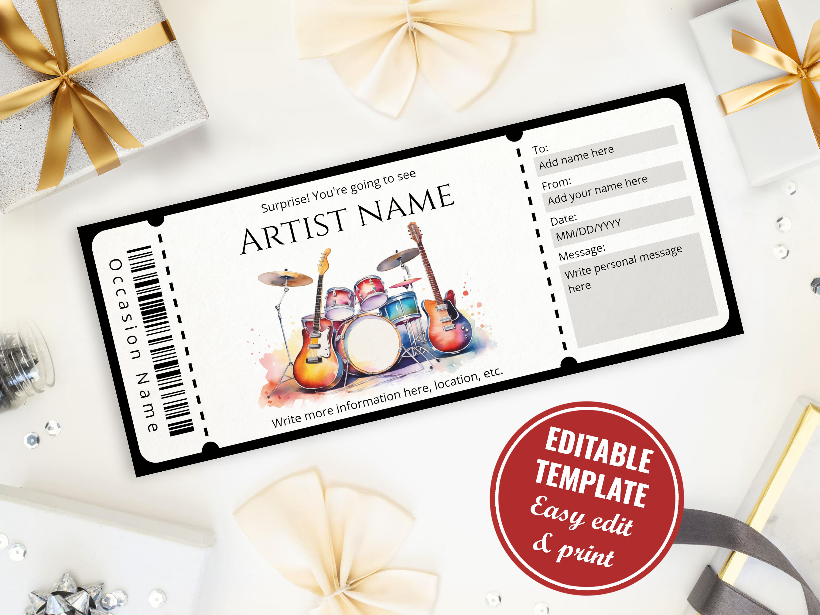 Editable Concert Ticket Template, Printable Custom Concert Ticket Gift ...