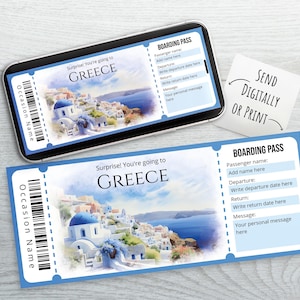 Editable Greece Boarding Pass Template, Watercolor Surprise Greece Trip ...