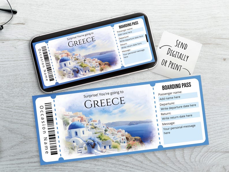 Editable Greece Boarding Pass Template, Watercolor Surprise Greece Trip ...