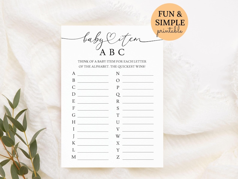Printable Baby Item ABC Baby Shower Game, Minimalist Alphabet Race Game ...