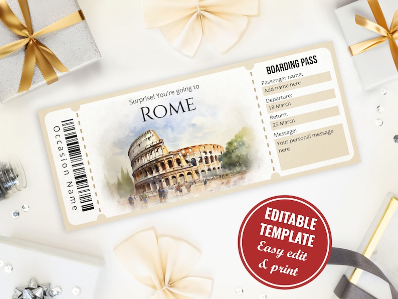 Editable Rome Boarding Pass Template, Surprise Rome Trip Reveal Ticket ...