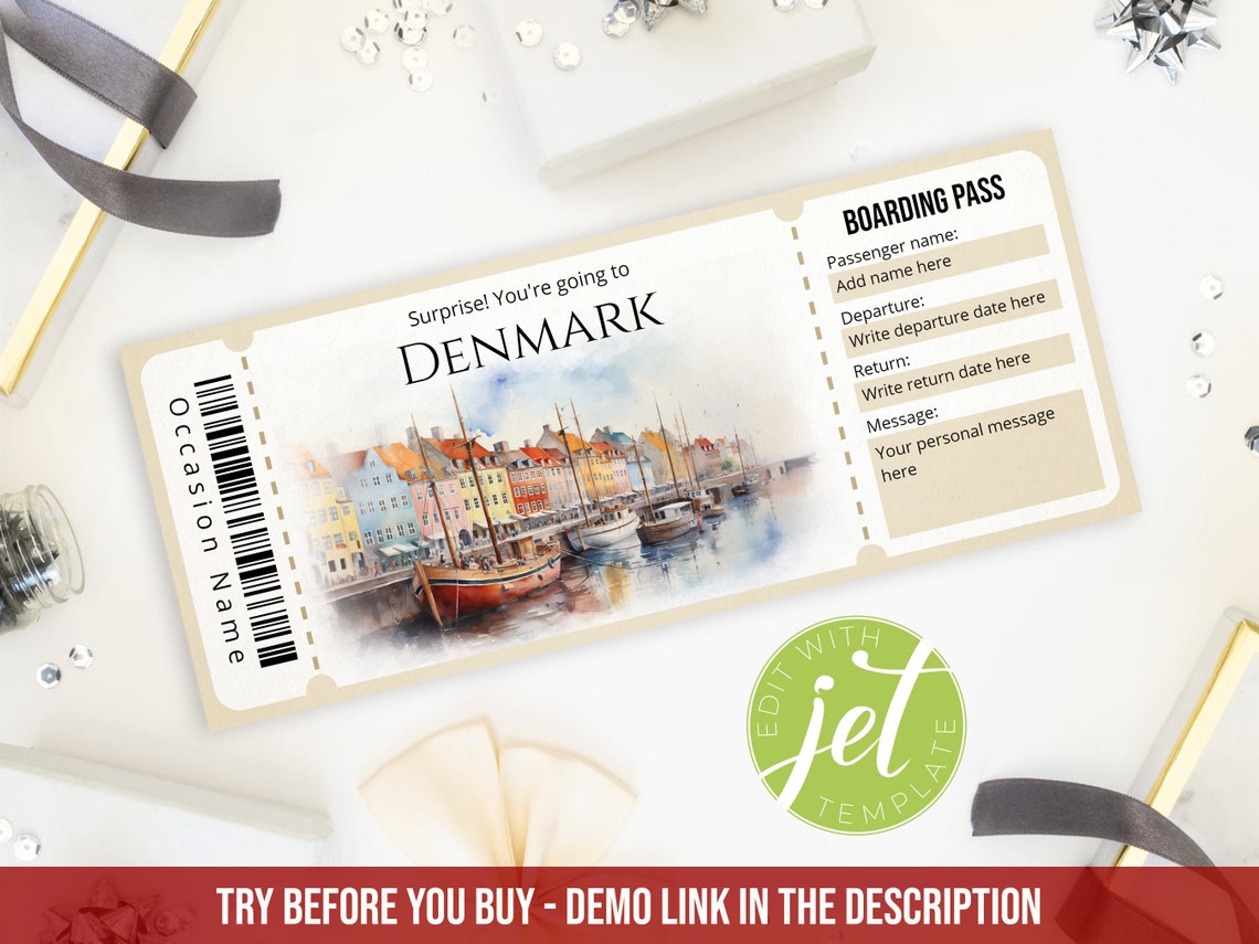 Editable Denmark Boarding Pass Template, Personalized Gift Printable ...