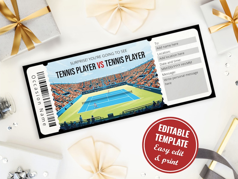 Surprise Tennis Match Ticket Template, Customizable and Printable ...