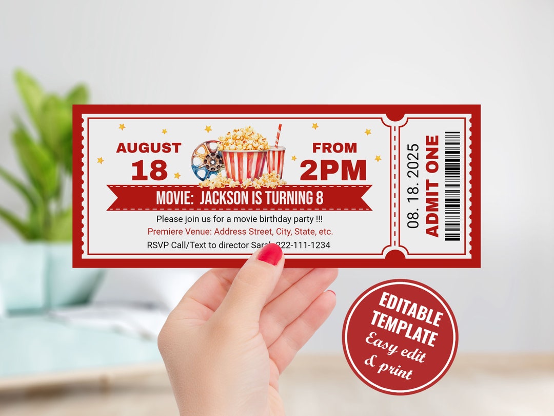 Editable Movie Ticket Birthday Invitation Template, Digital Movie ...