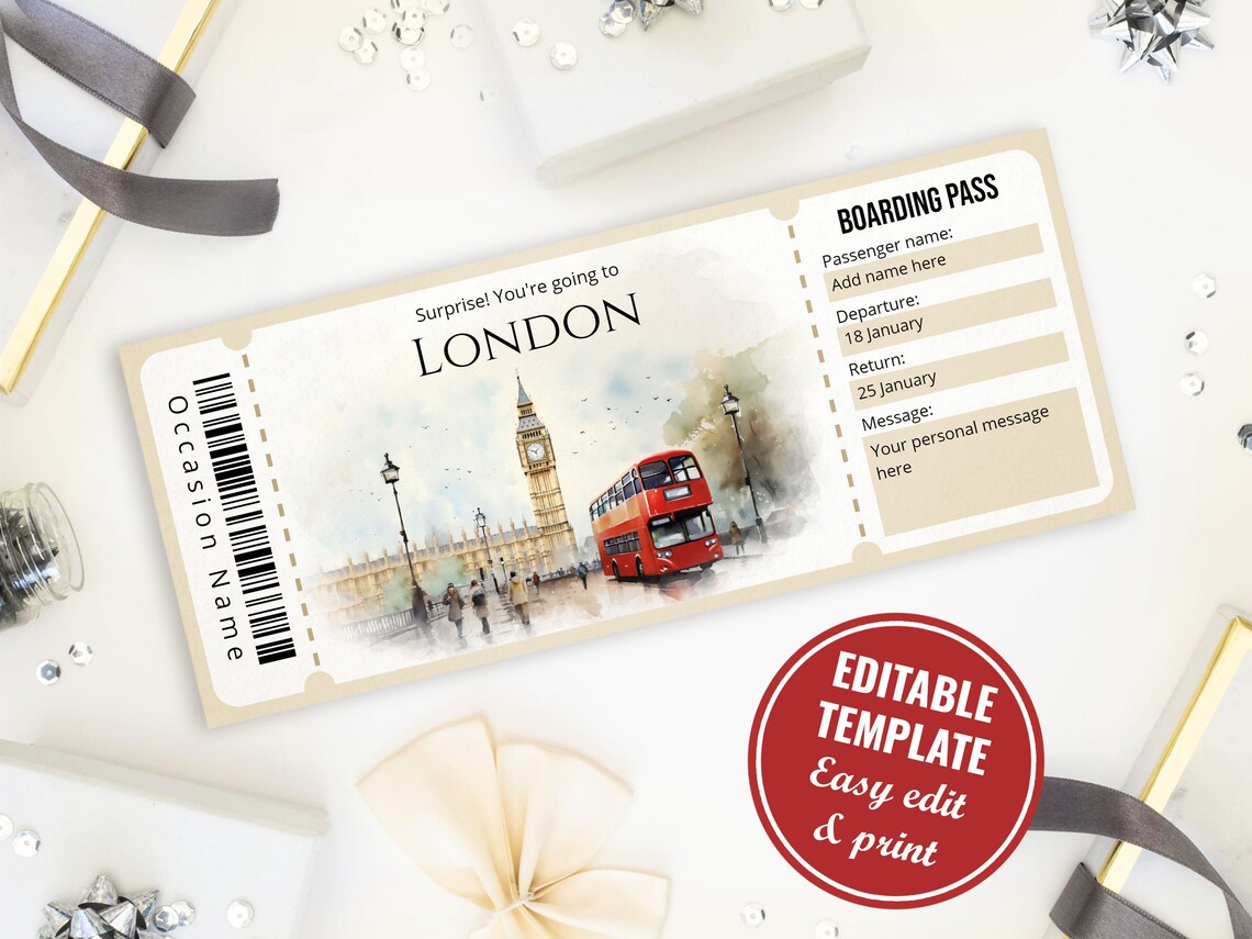Editable London Boarding Pass Template, Surprise Watercolor London ...