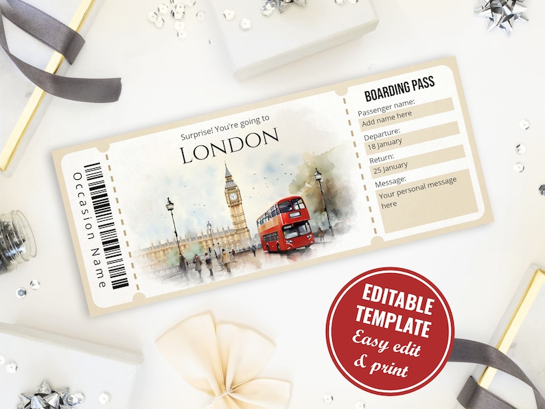 Editable London Boarding Pass Template, Surprise Watercolor London ...