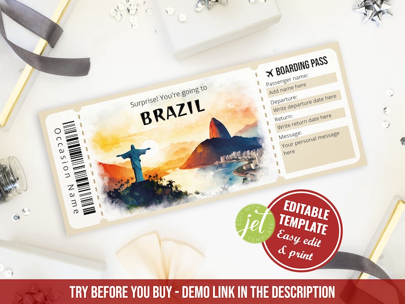 Editable Brazil Boarding Pass Template, Personalized Gift Printable ...