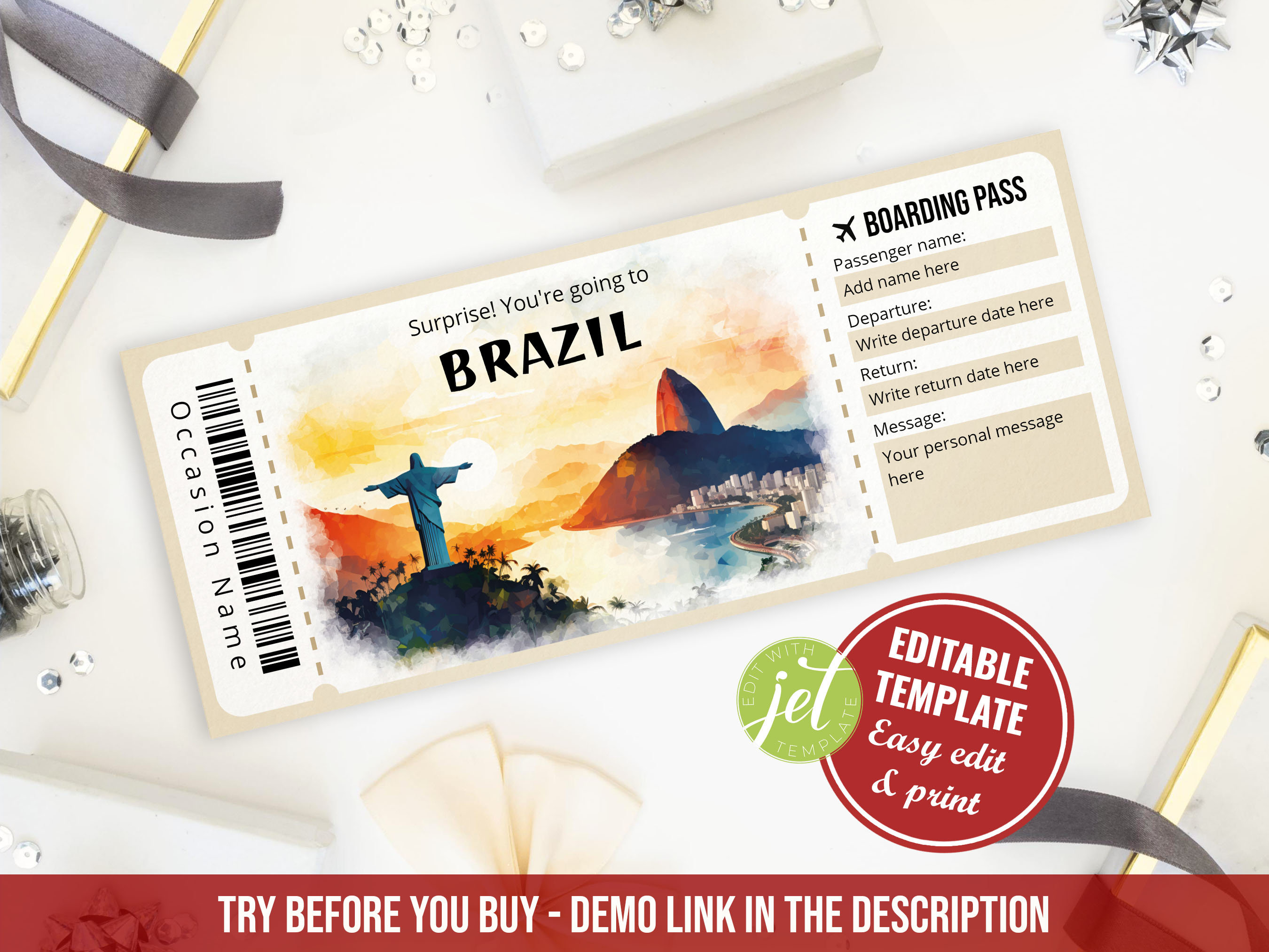 Editable Brazil Boarding Pass Template, Personalized Gift Printable ...