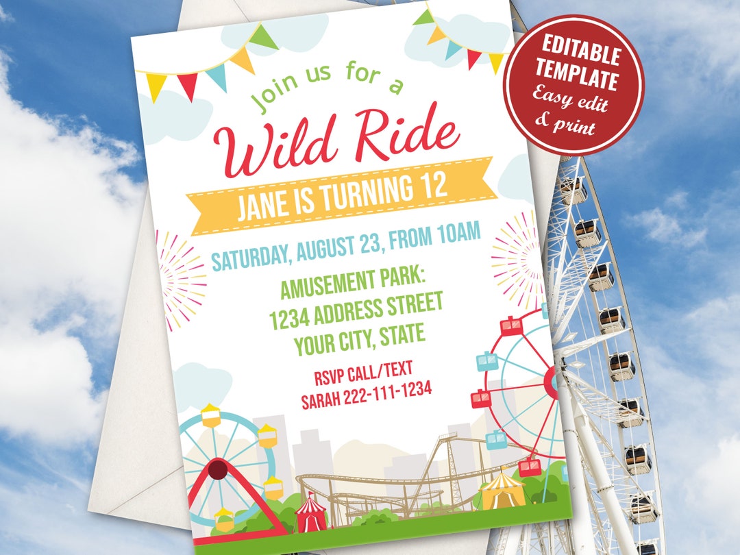 Amusement Park Birthday Invite, Editable Carnival Theme Birthday Party ...