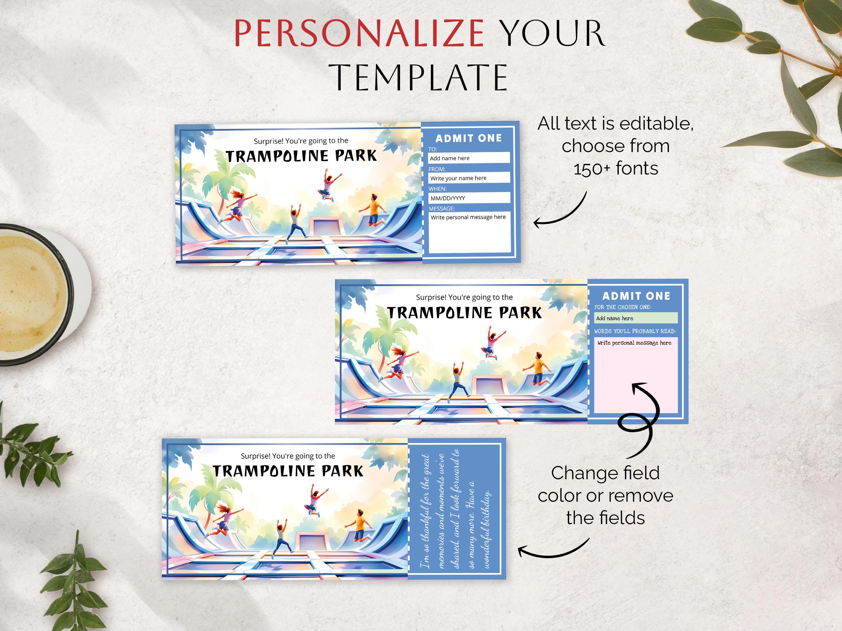 Editable Trampoline Park Ticket Template, Printable Jump Park Gift ...
