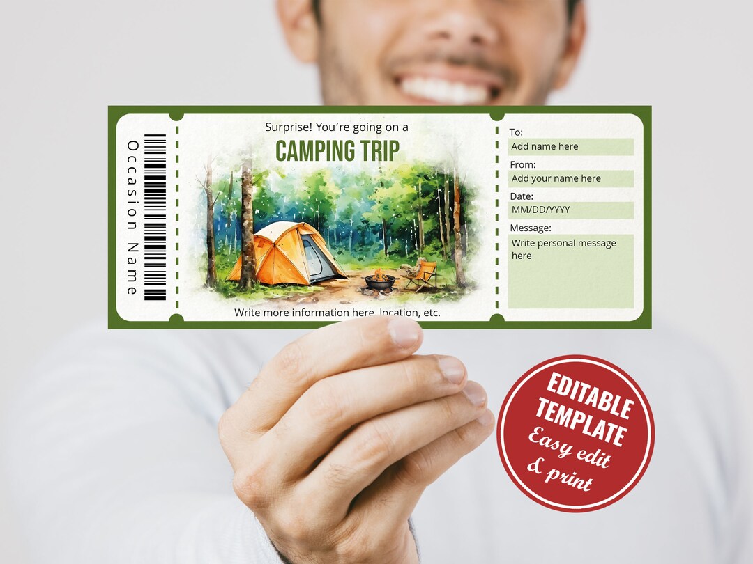 Editable Camping Trip Voucher Template, Watercolor Surprise Camping ...