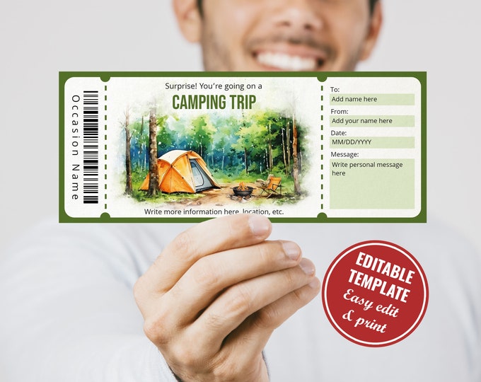 Printable CAMPING TRIP Surprise Reveal Ticket, CAMPING Gift Voucher ...