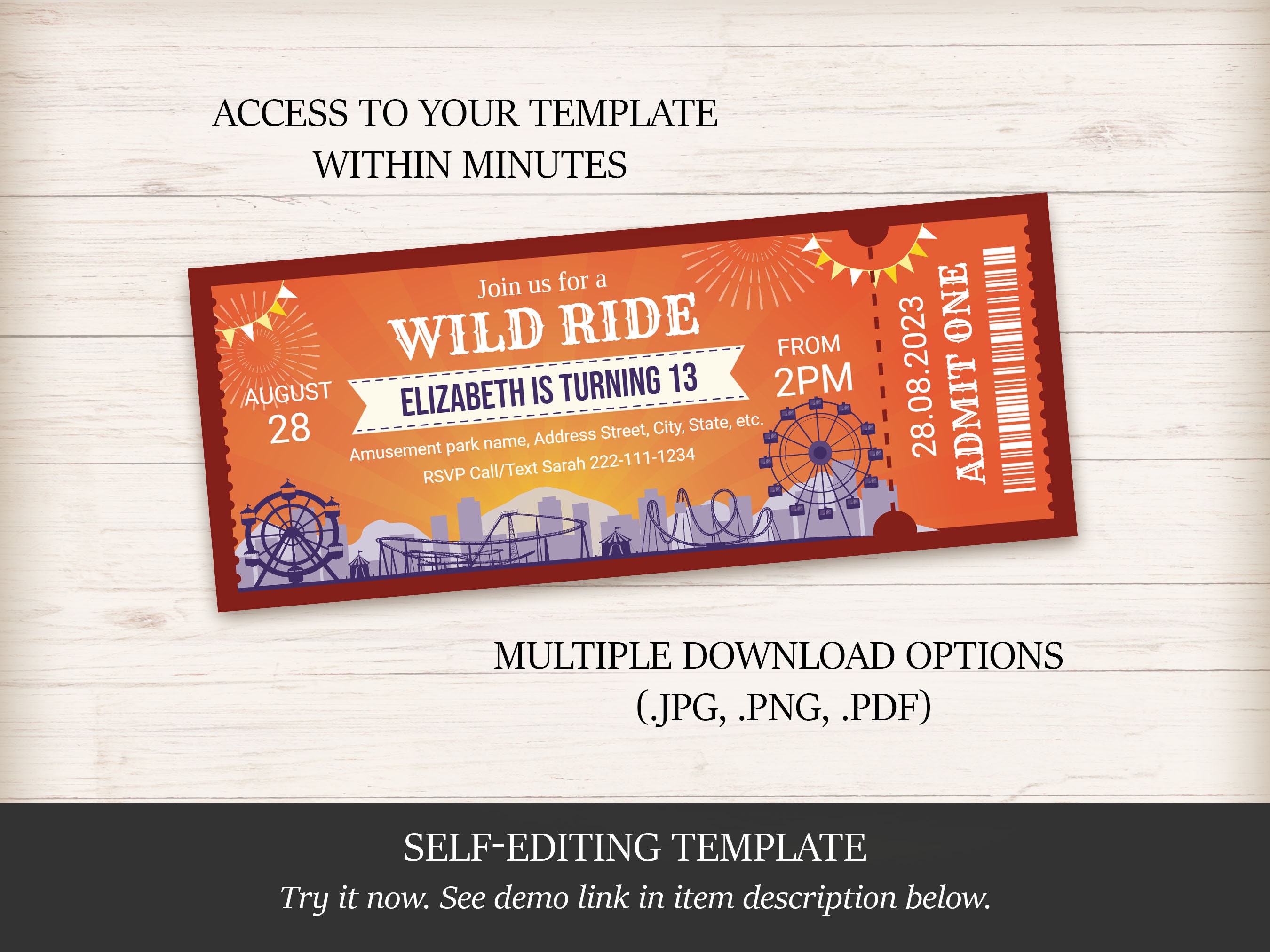 Amusement Park Invite Ticket Template Editable Carnival Theme - Etsy