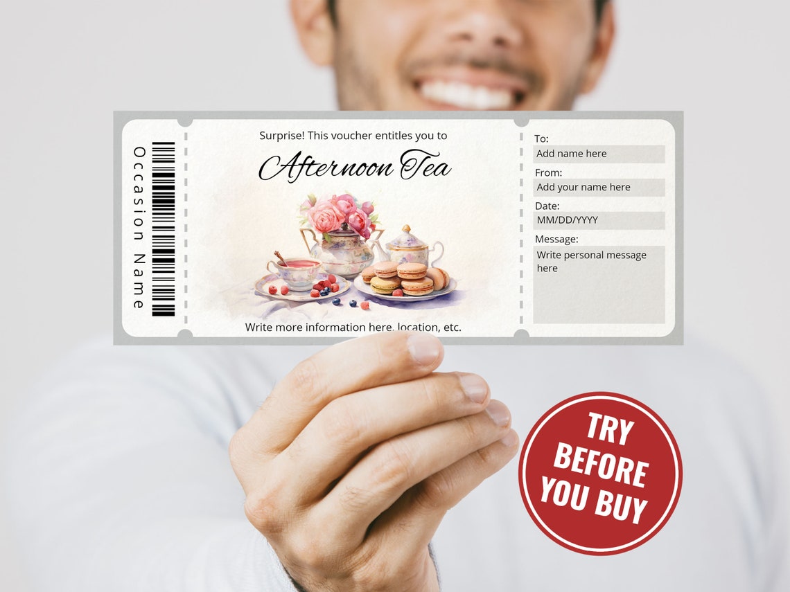Editable Watercolor Afternoon Tea Voucher Template, Surprise Reveal ...
