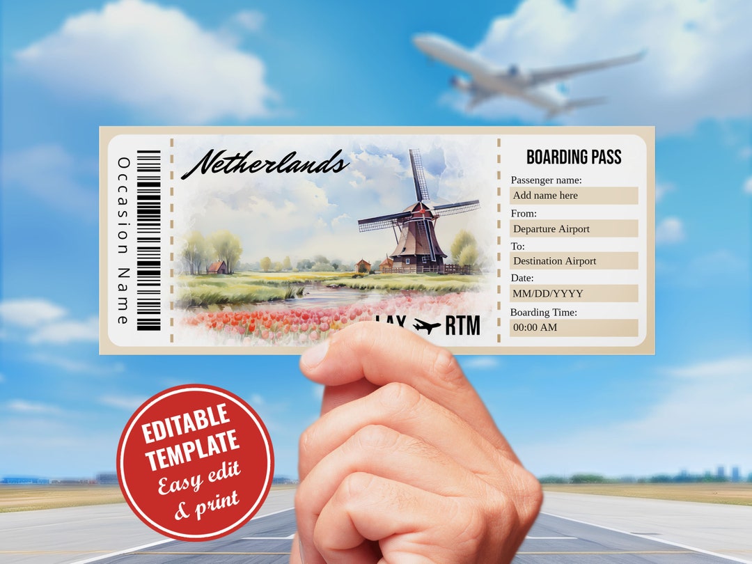 Netherlands Trip Editable Watercolor Boarding Pass Template, Holland ...