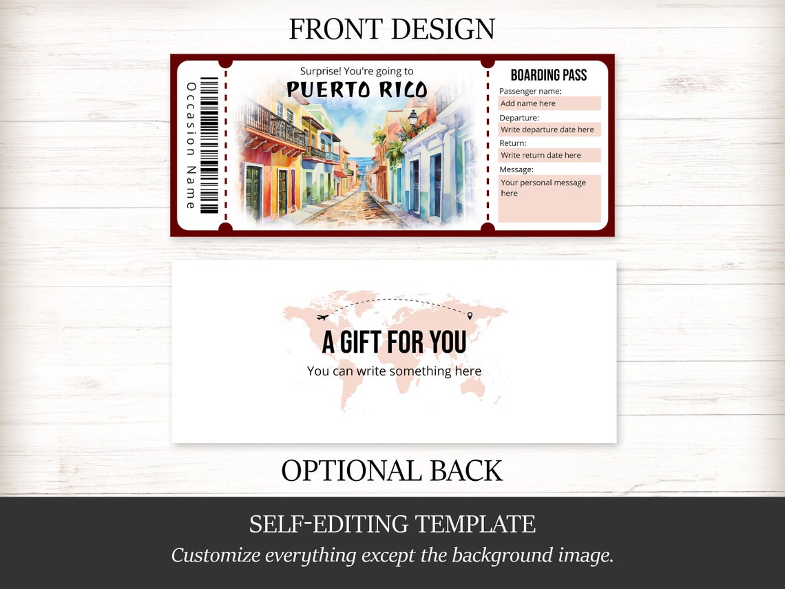 Printable Puerto Rico Boarding Pass Template, Personalized Editable ...