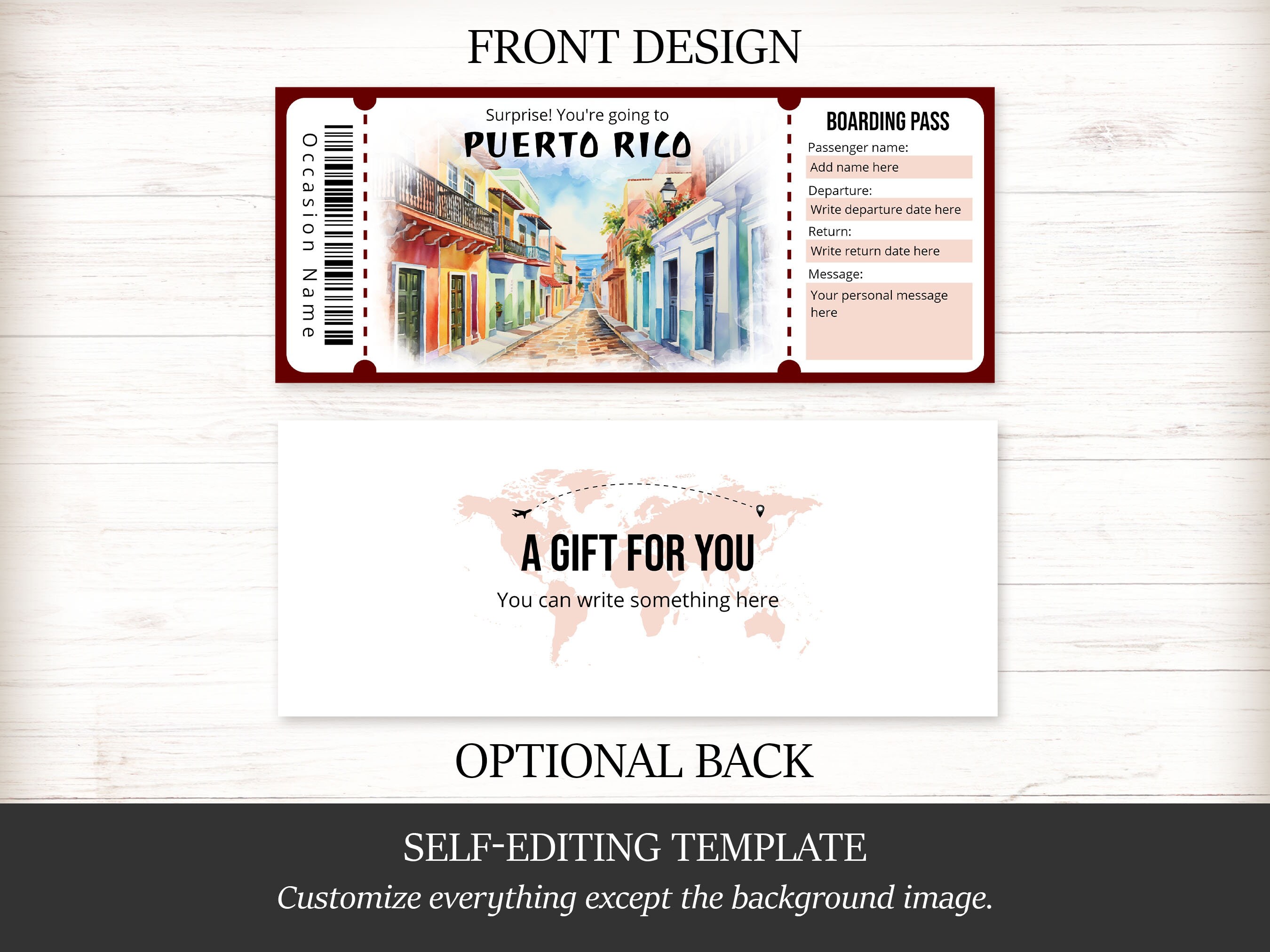 Printable Puerto Rico Boarding Pass Template, Personalized Editable ...