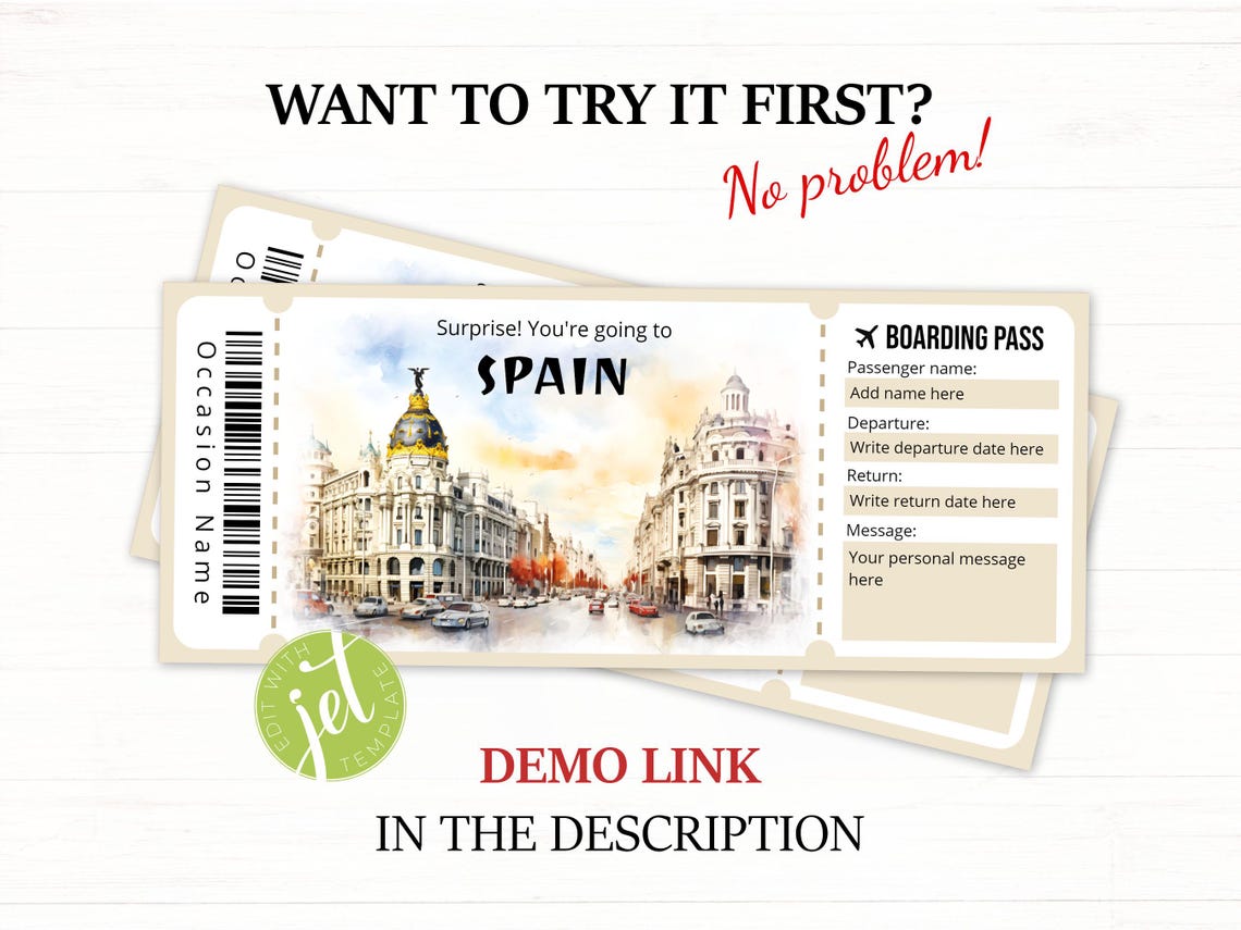 Surprise SPAIN Trip Reveal Gift Ticket Template - Spain Boarding Pass ...