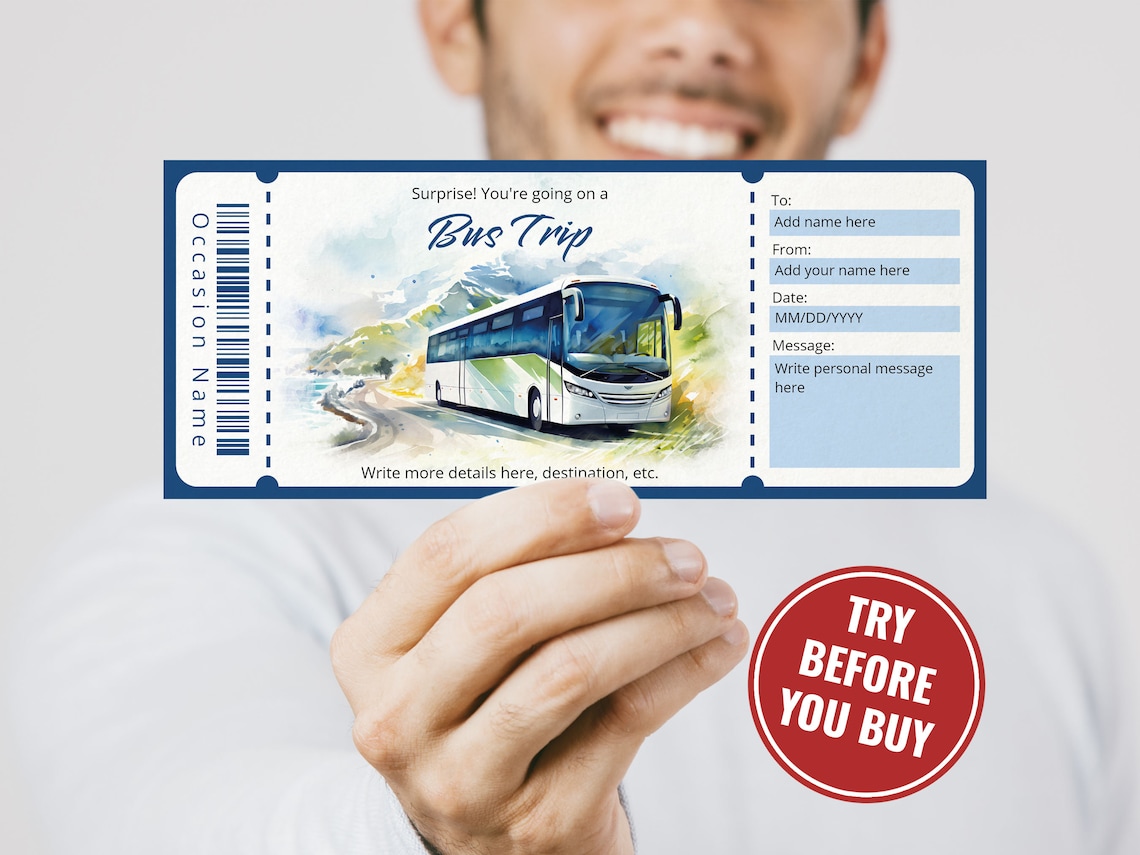 Editable Watercolor Bus Ticket Template, Coach Ticket Surprise Gift ...