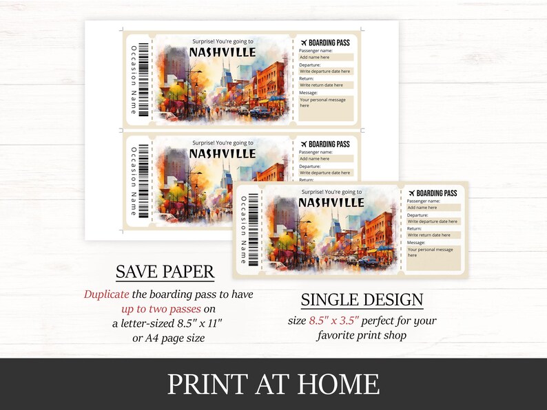 Editable Nashville Boarding Pass Template, Surprise Trip to Nashville ...