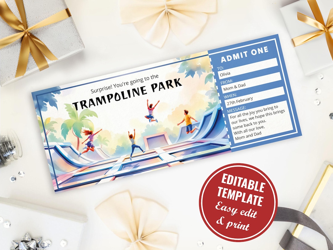 Editable Trampoline Park Ticket Template, Printable Jump Park Gift ...